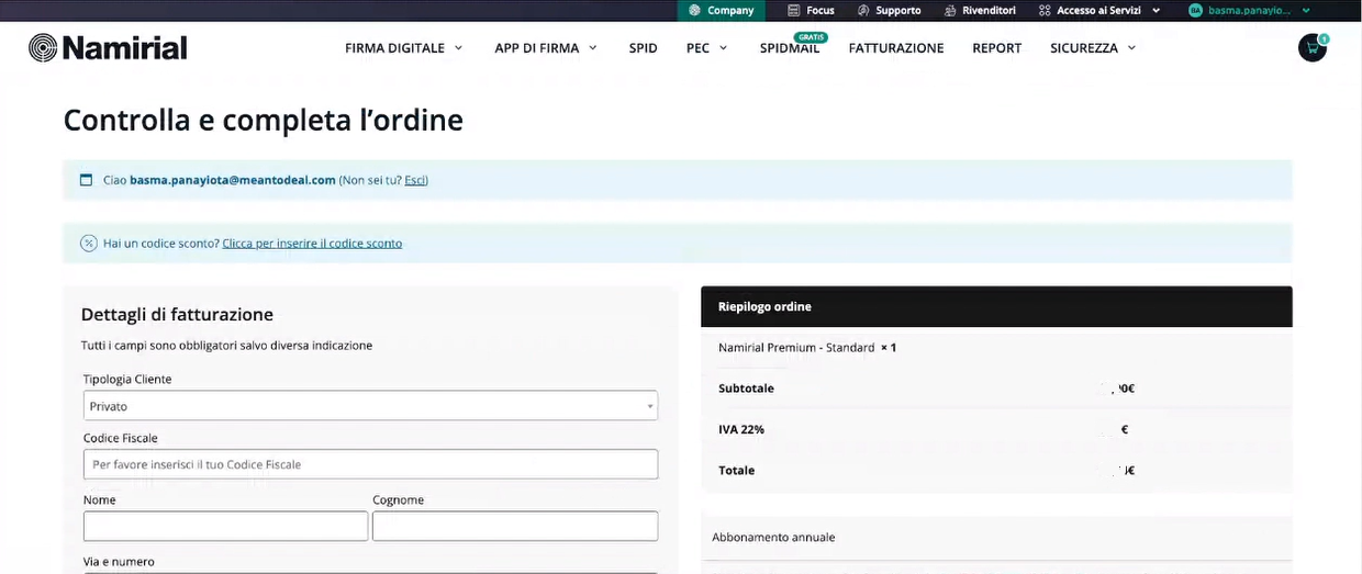 Attivazione Namirial Account tramite Shop – Supporto Namirial