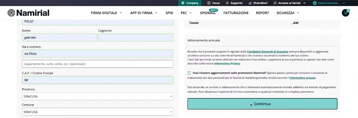 Attivazione Namirial Account tramite Shop – Supporto Namirial